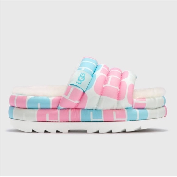 UGG | Shoes | Ugg Maxi Platform Slide Pink Blue Logo Fluff Sandal ...